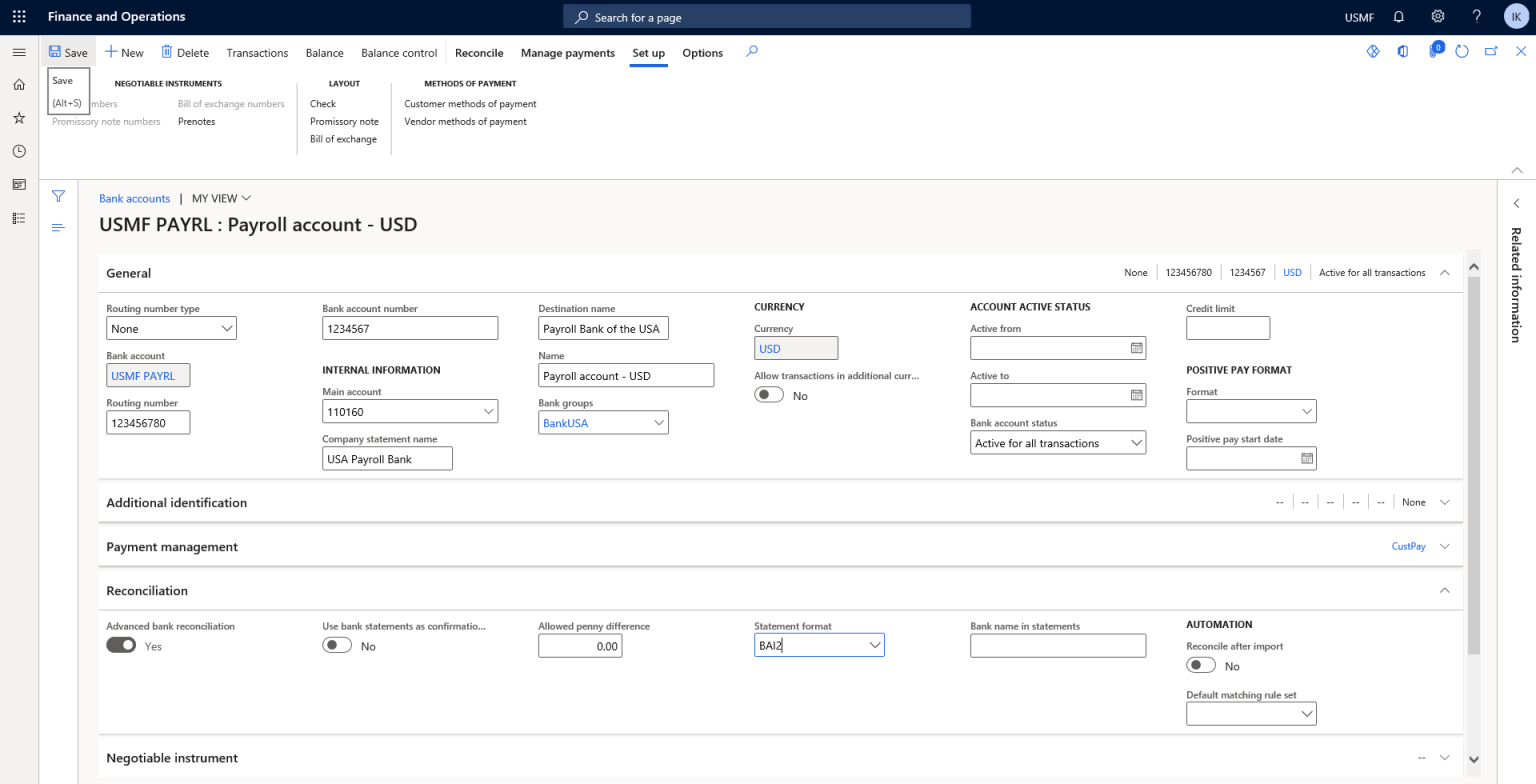 D365 Advanced Bank Reconciliation: Set up Import for BAI2