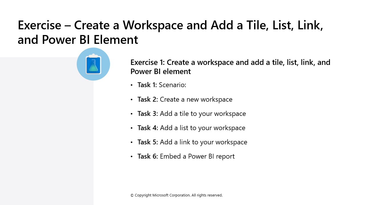Exercise – Create a Workspace and Add a Tile, List, Link, and Power BI Element - Instructor ...